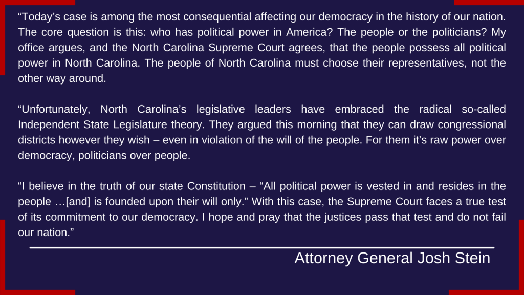 Attorney General Josh Stein Statement Following Moore v. Harper Arguments - NCDOJ